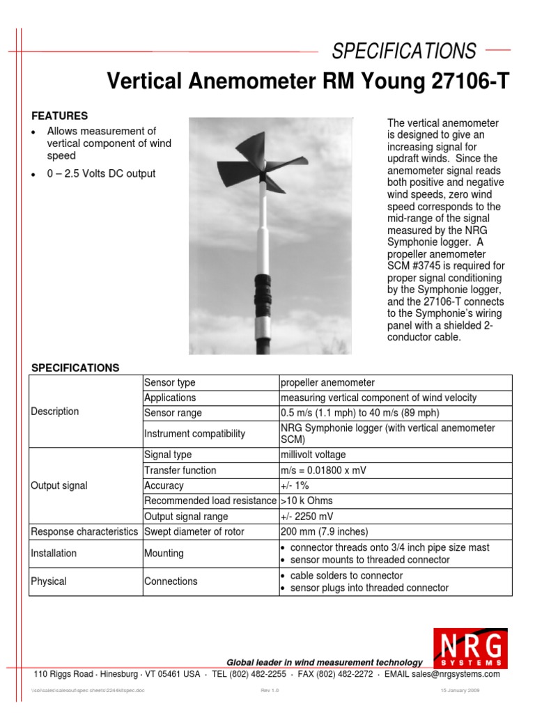 Vertical Anemometer RM Young 27106-T: Specifications | PDF | Electrical ...