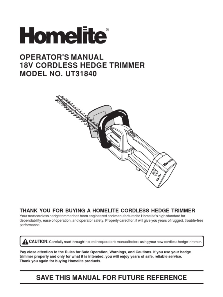 Homelite 18V Hedge Trimmer - UT31840 - Users Manual | PDF | Battery ...