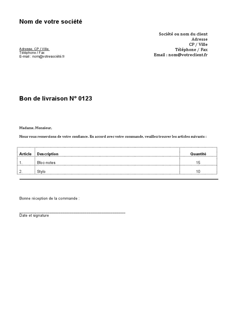 Modele de Bon de Livraison Word 1and1 | PDF