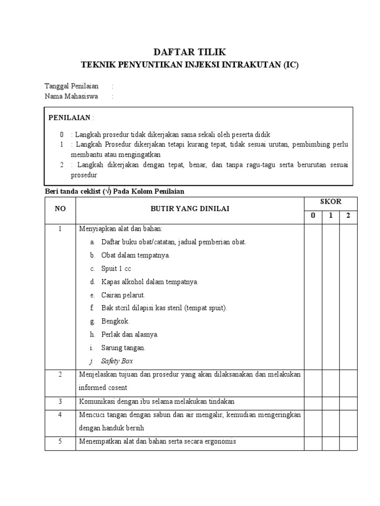 Daftar Tilik Teknik Penyuntikan Injeksi | PDF