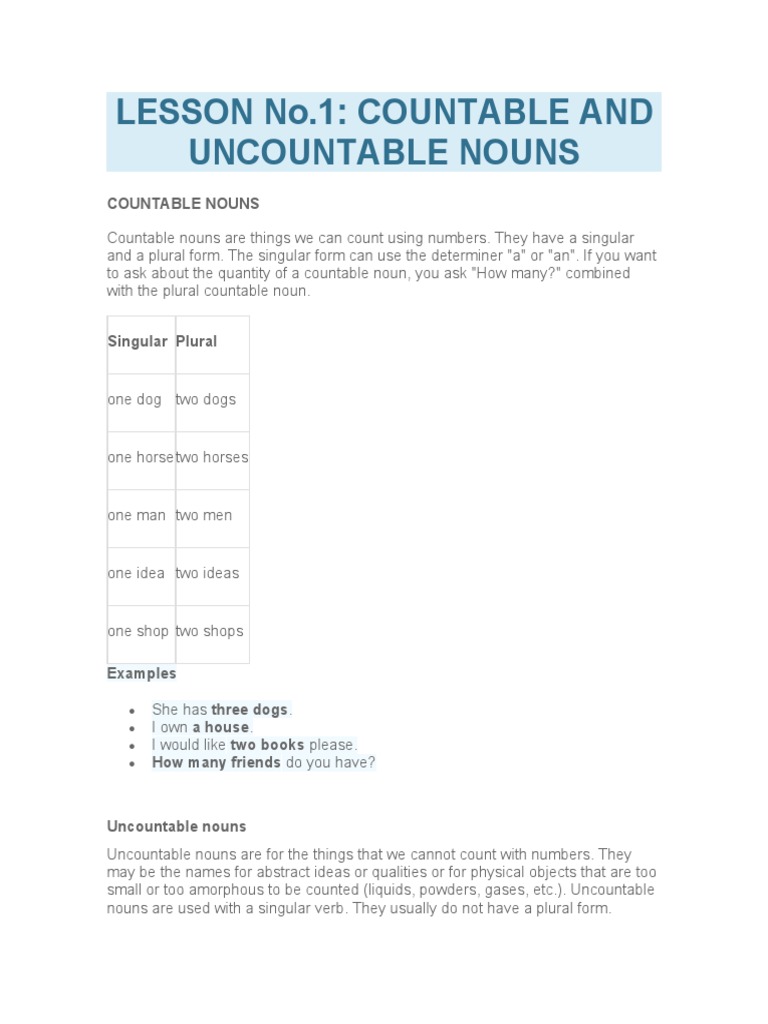 Countable and Uncountable Nouns | PDF | Plural | Noun