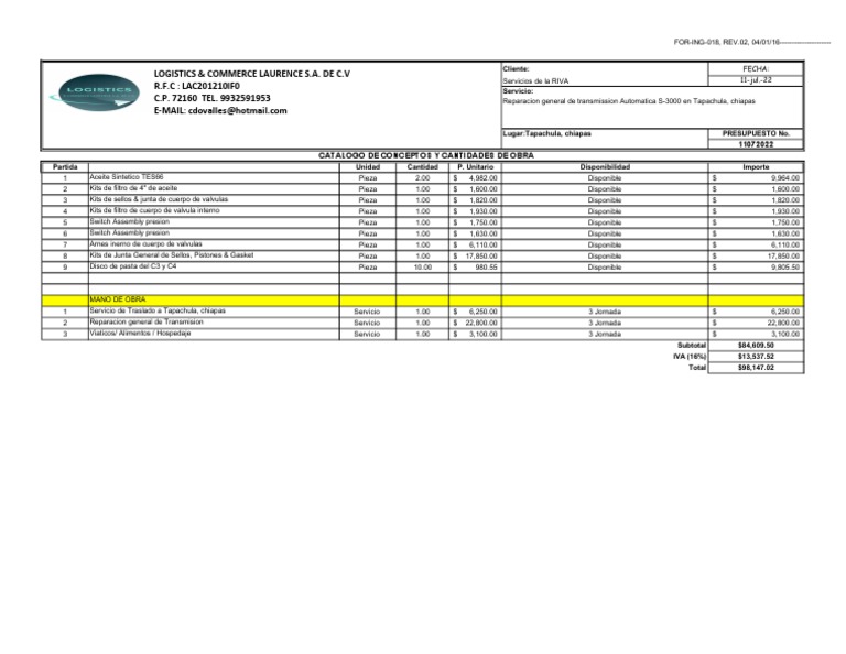Cotizacion de Reperacion de Transmision Allison Servicio de La RIVA ...