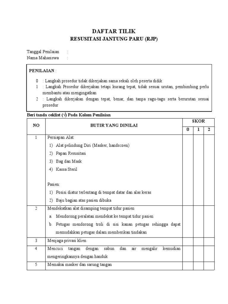 Daftar Tilik: Resusitasi Jantung Paru (RJP) | PDF | Kesehatan Holistik
