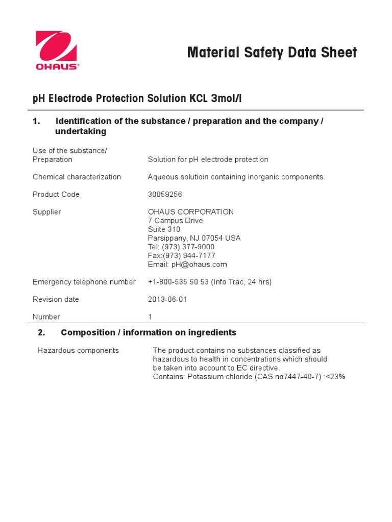 KCL 3mol pH Electrode Protection MSDS | PDF | Potassium Chloride | Ph