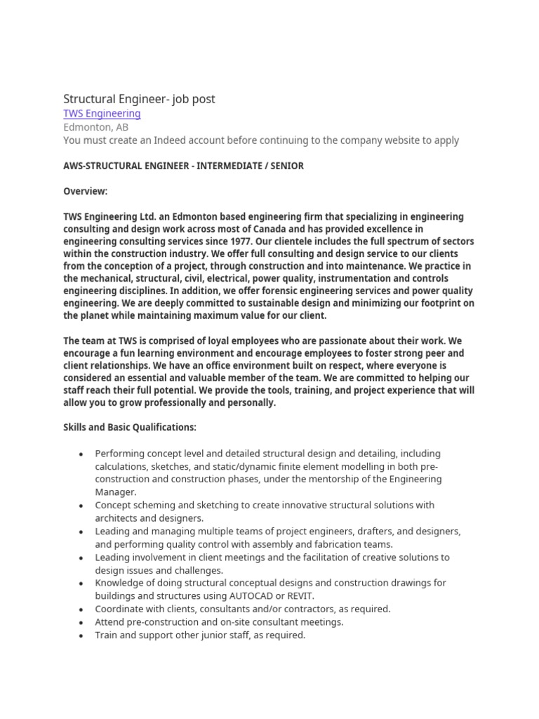 Structural Engineer-Job Post: TWS Engineering | PDF | Engineering ...