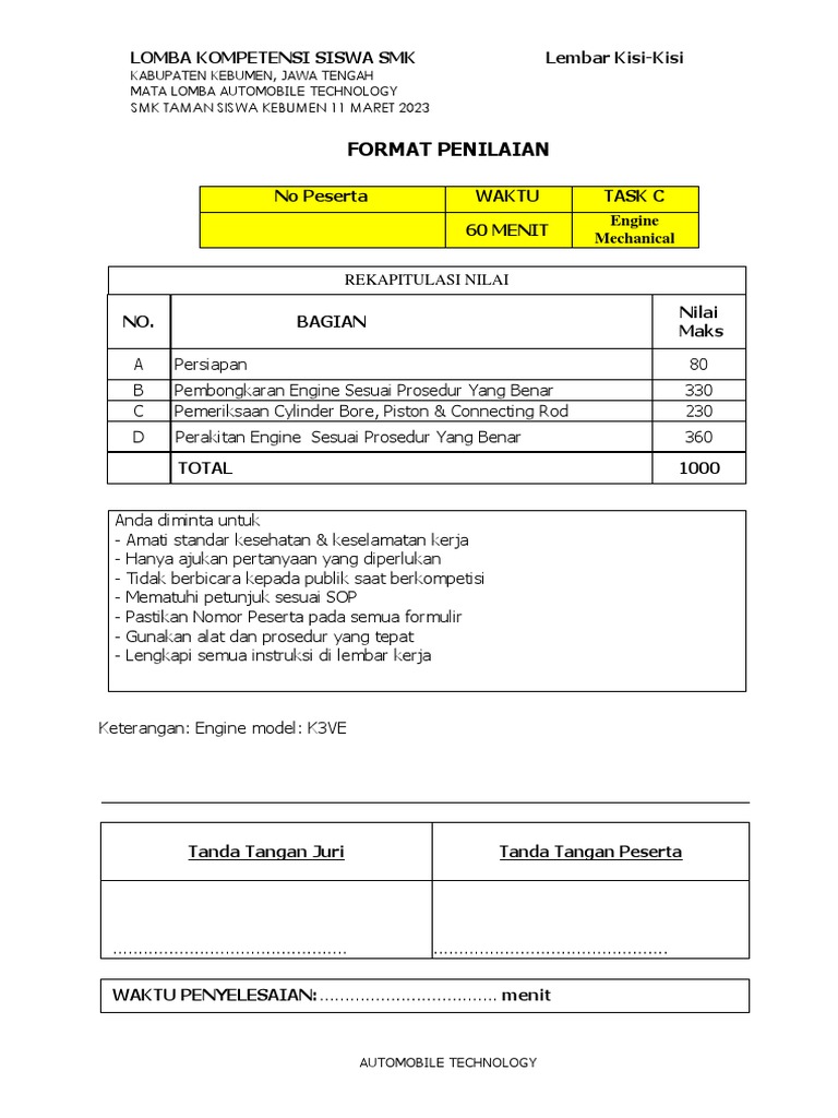 Lembar Penilaian Engine Overhoule 60 Menit Kisi-Kisi | PDF