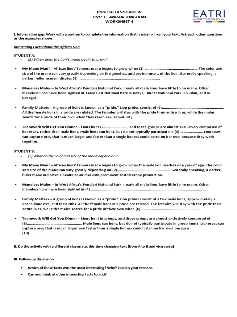 Animal Kingdom - Worksheet 4 | PDF | Lion | Predation