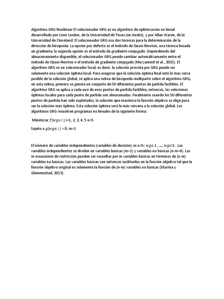 Algoritmo GRG Nonlinear El Solucionador GRG Es Un Algoritmo de ...