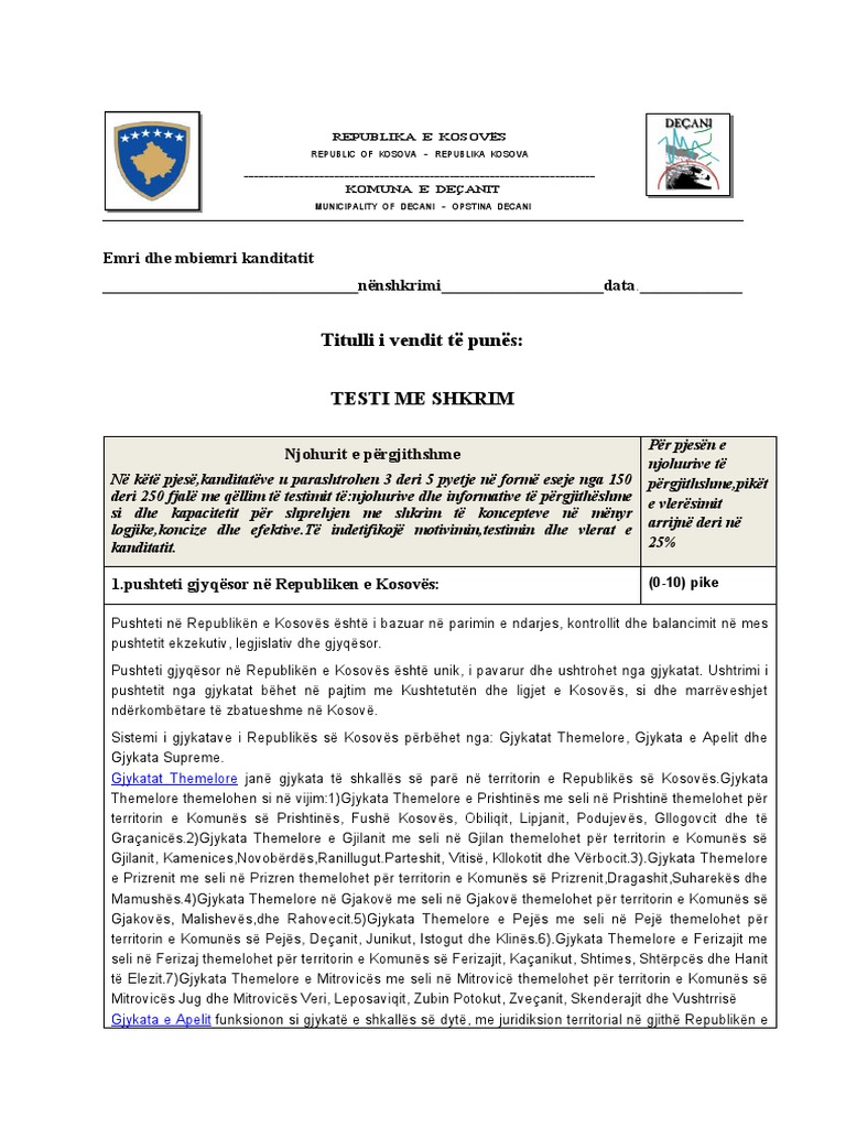 Titulli I Vendit Të Punës: Testi Me Shkrim: Emri Dhe Mbiemri Kanditatit ...