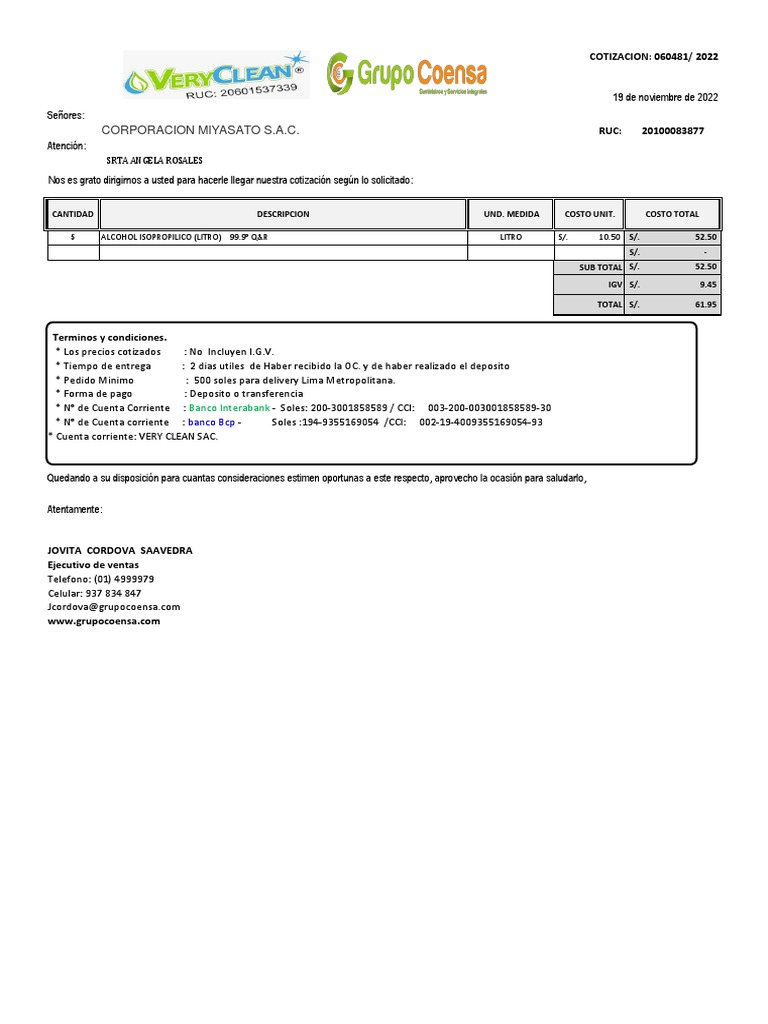 Cotizacion 060481 - de Alcohol Isopropilico Srta Angela | PDF