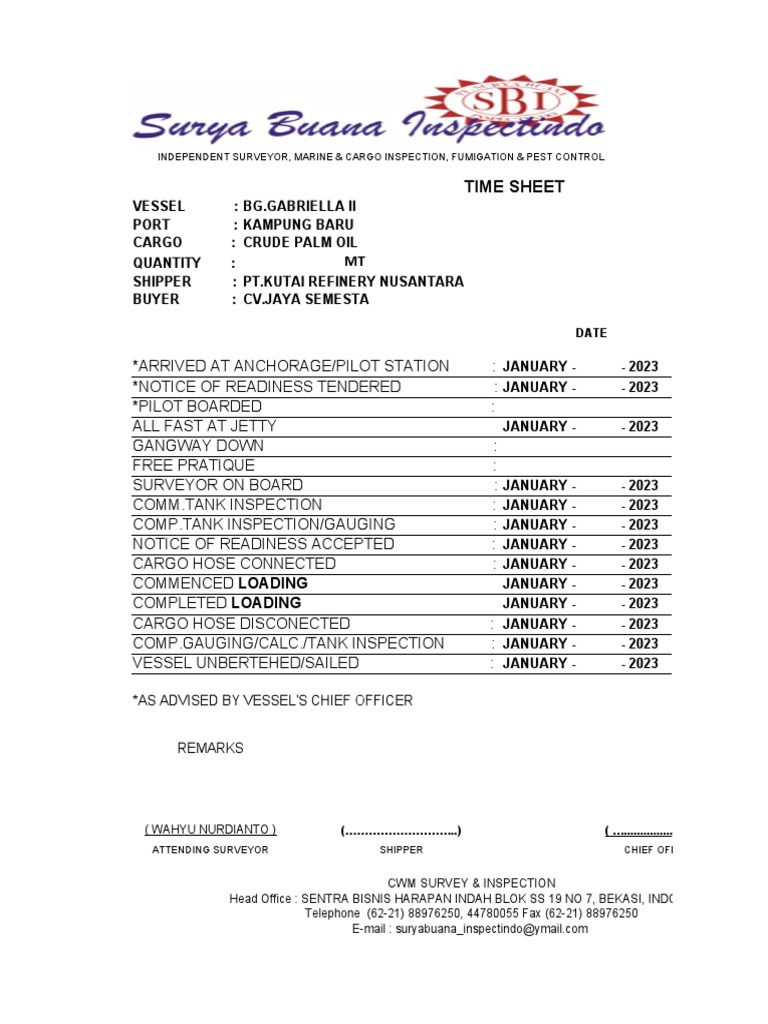 Time Sheet: Independent Surveyor, Marine & Cargo Inspection, Fumigation ...