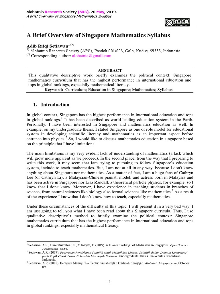 A Brief Overview of Singapore Mathematics Syllabus: Adib Rifqi Setiawan ...