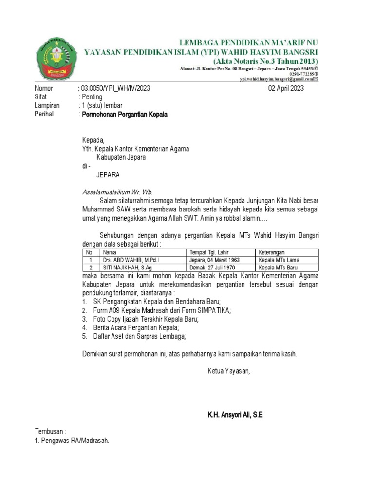 Surat Permohonan Pergantian Kepala | PDF