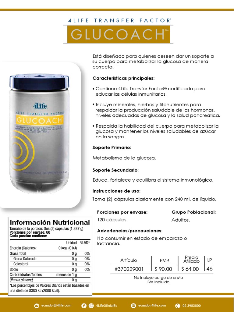 Glucoach 4life | PDF | Metabolismo | Etiqueta de información nutricional