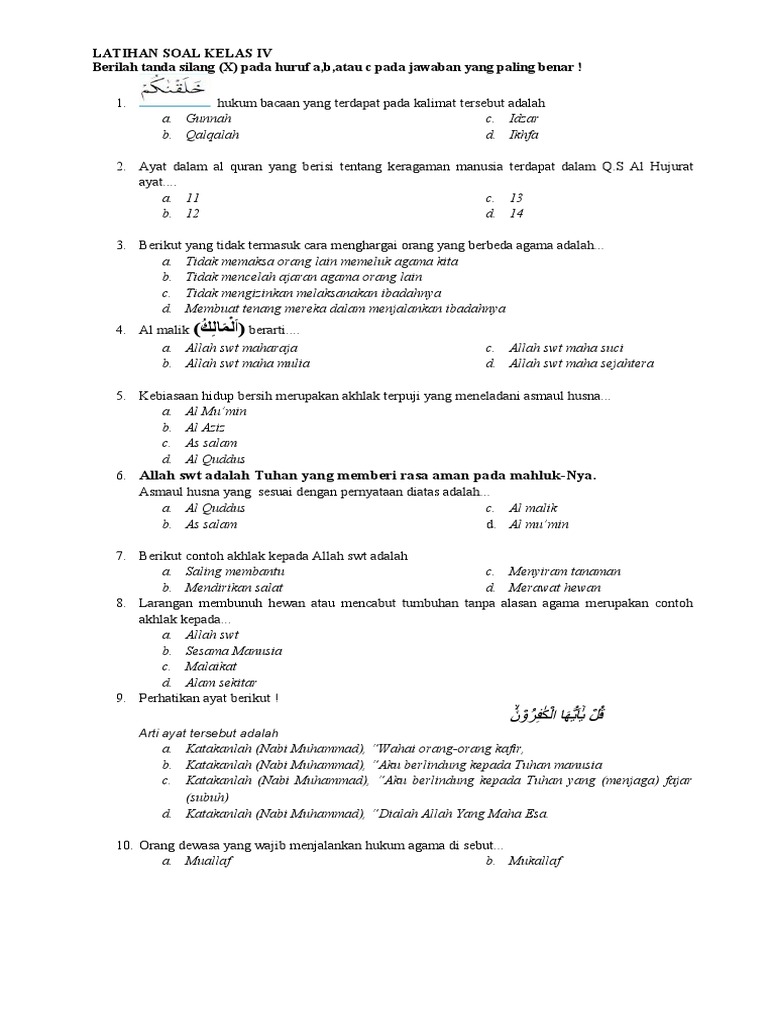 Latihan Soal Kelas Iv Berilah Tanda Silang (X) Pada Huruf A, B, Atau C Pada Jawaban Yang Paling ...