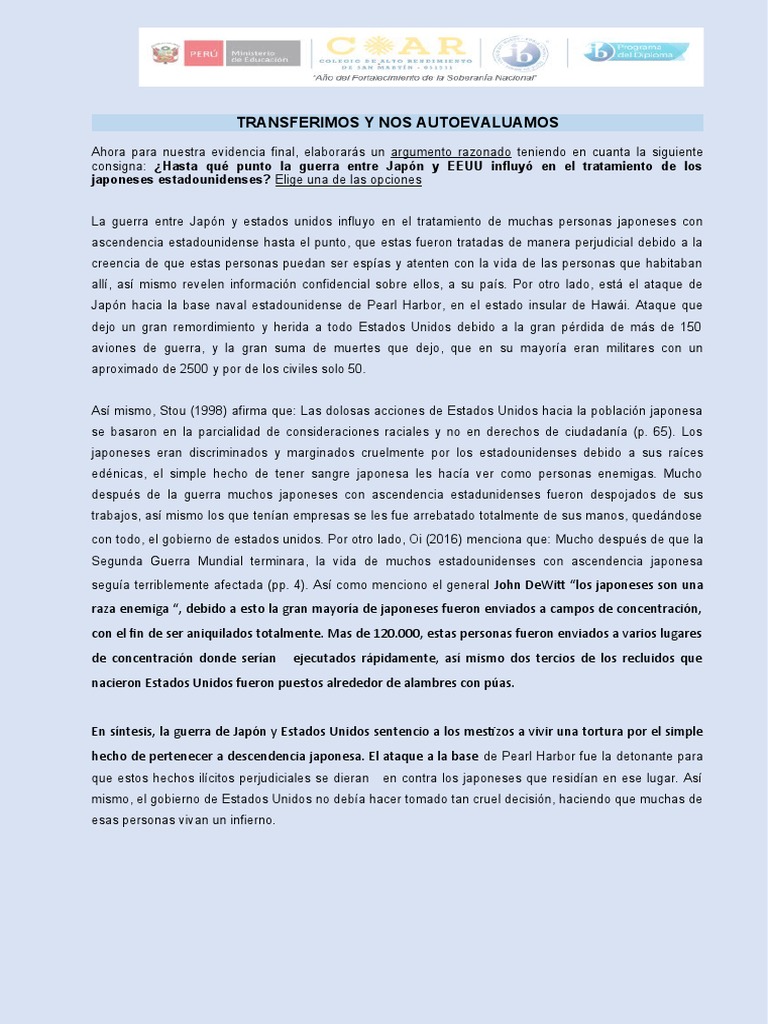 TRANSFERIMOS Y NOS AUTOEVALUAMOS - DmpA 21 | PDF | Los Estados Unidos | Japón