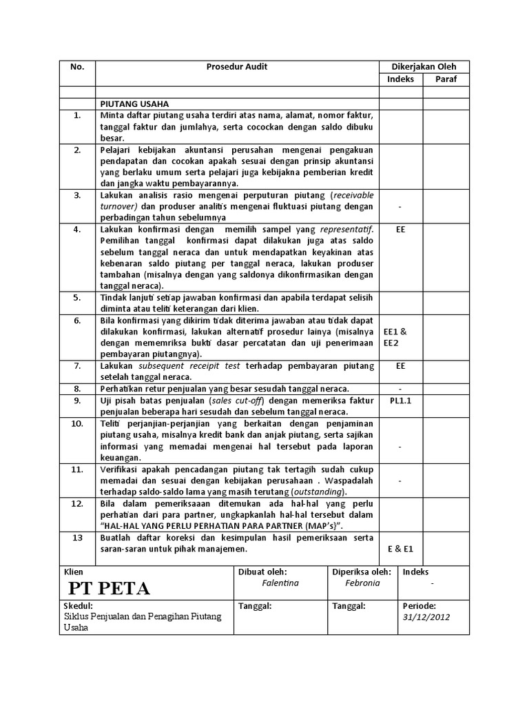 PT Peta: No. Prosedur Audit Dikerjakan Oleh Indeks Paraf Piutang Usaha | PDF