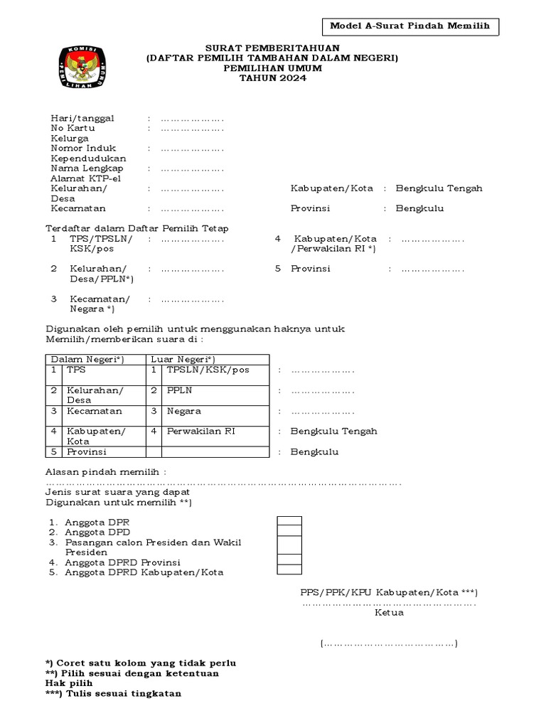 MODEL A-Surat Pindah Memilih | PDF