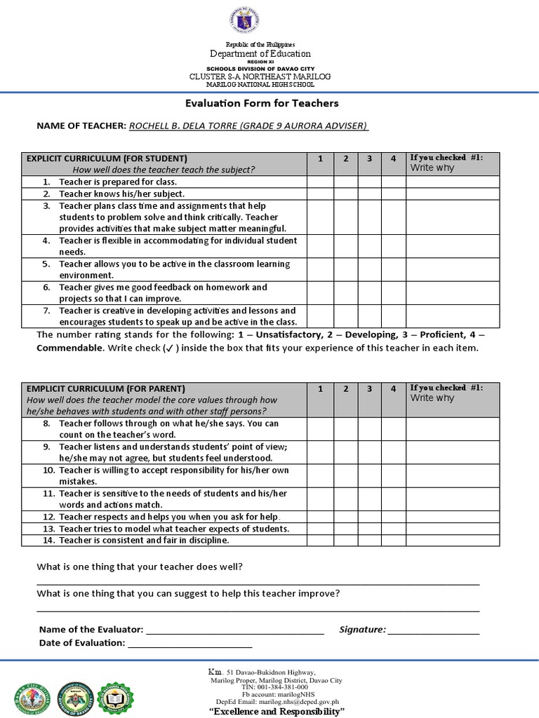 Evaluation Form For Teachers | PDF | Teachers | Curriculum