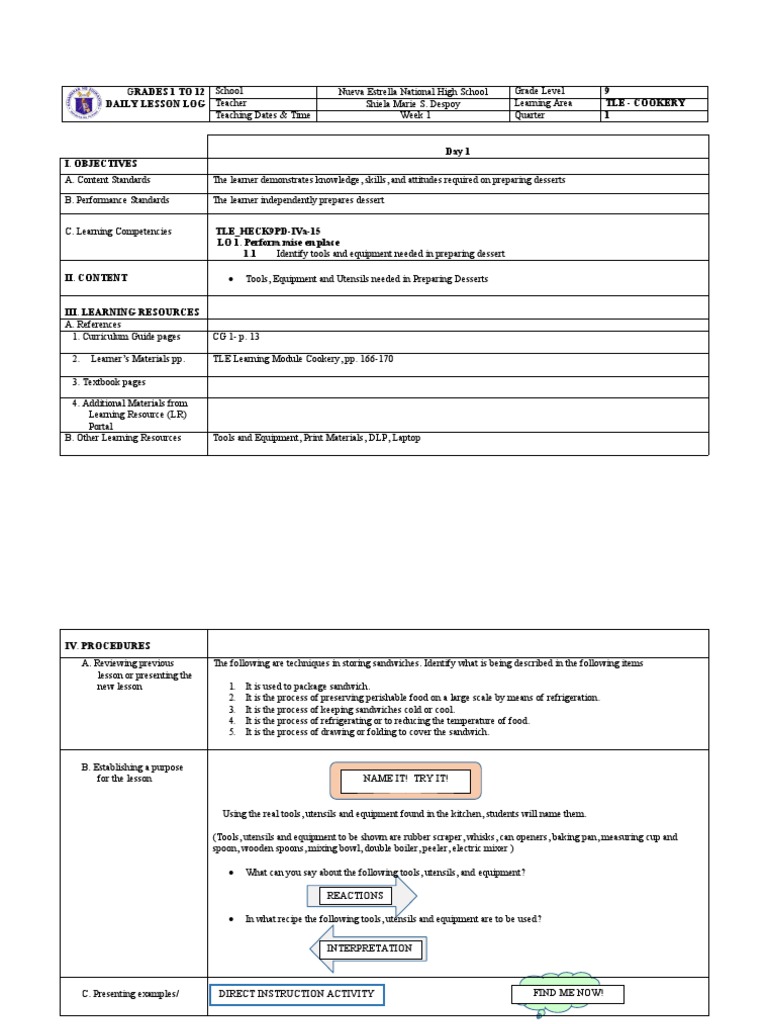 TLE 9 - DLL 1st Quarter | PDF