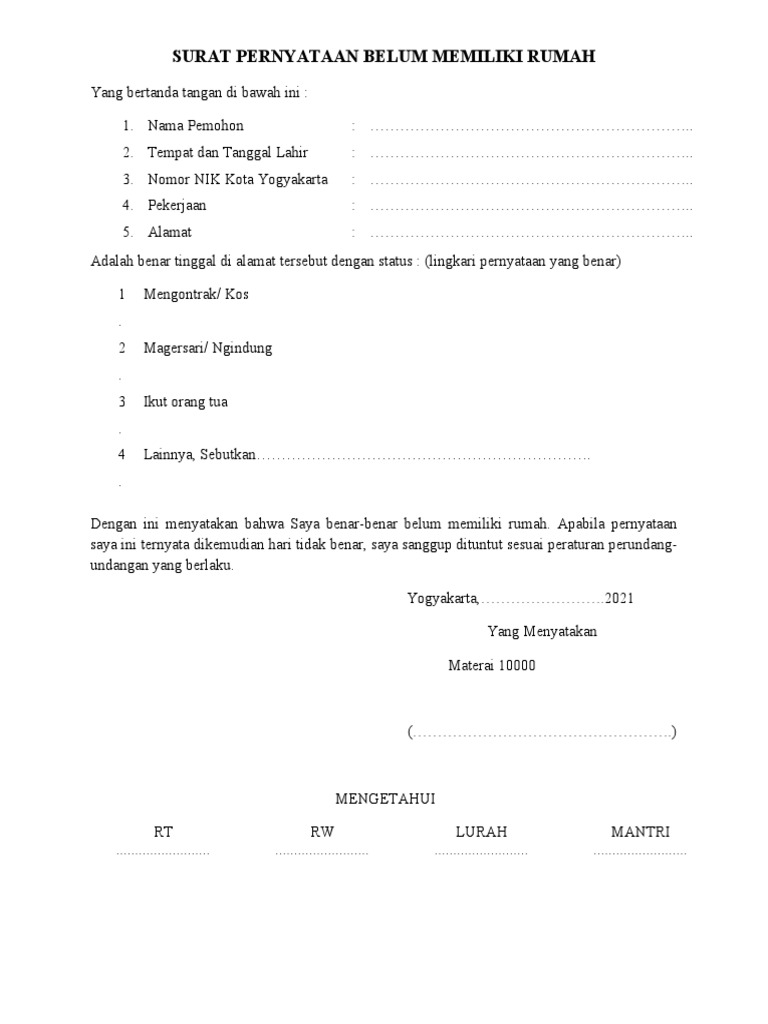 Surat Pernyataan Belum Memiliki Rumah | PDF Surat Pernyataan Belum Memiliki Rumah | PDF