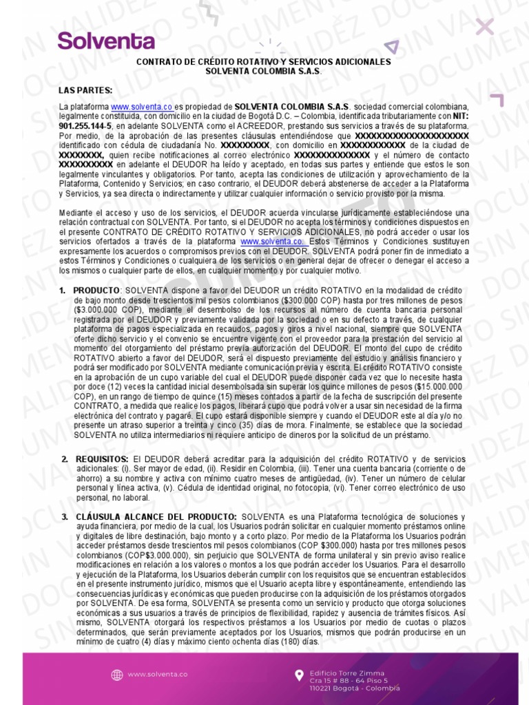 Contrato de crédito rotativo y servicios adicionales entre Solventa ...