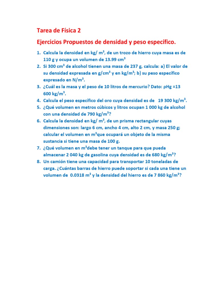 Tarea de Física 2 Ejercicios Propuestos de Densidad y Peso Específico | PDF