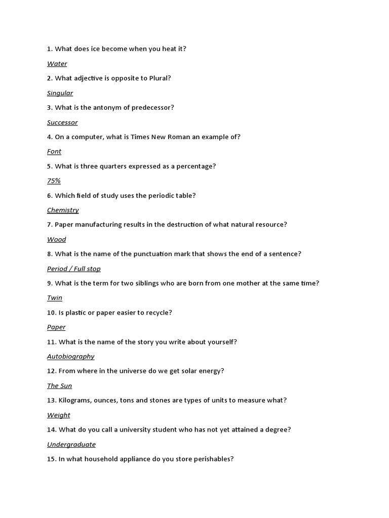 Most Common Short Questions in PTE | PDF