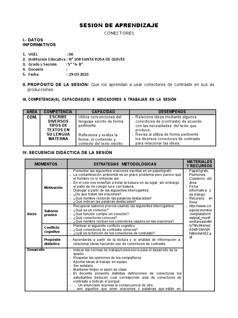 Sesion de Aprendizaje Conectores | PDF | Modificación de comportamiento | Aprendizaje