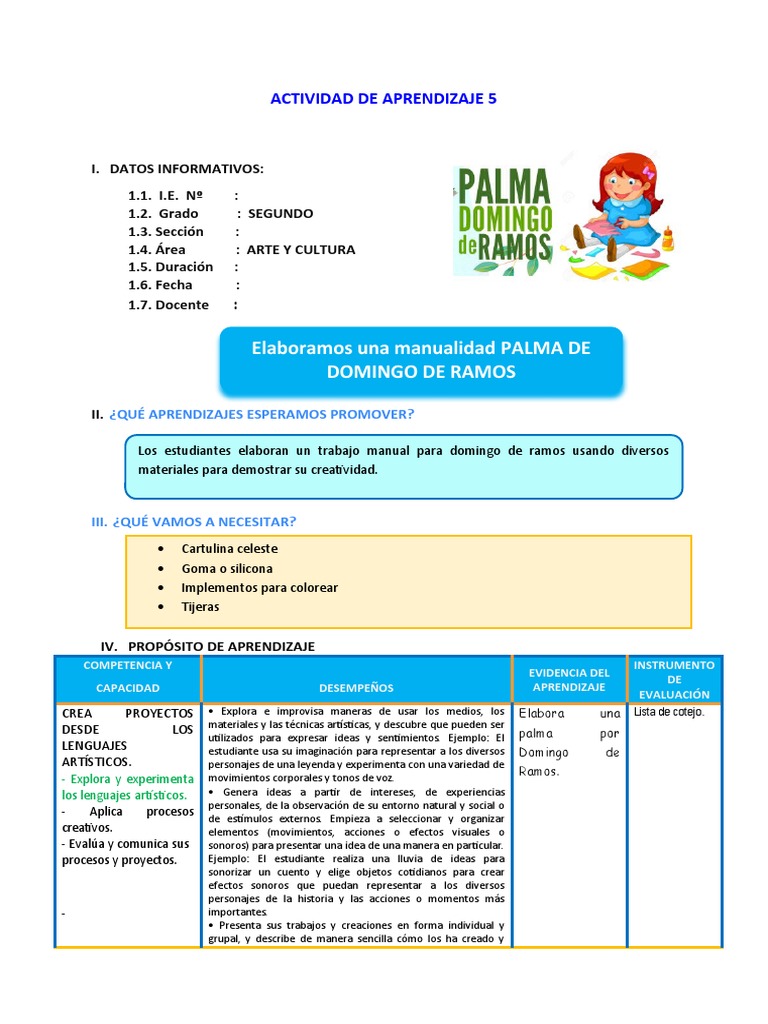 D5 A2 SESION ARTE. Elaboramos Una Manualidad PALMA DE DOMINGO DE RAMOS | PDF | Aprendizaje ...