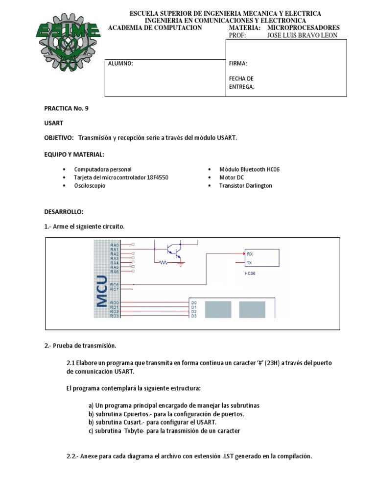 Practica No. 9 Usart OBJETIVO: Transmisión y Recepción Serie A Través Del Módulo USART. Equipo Y ...