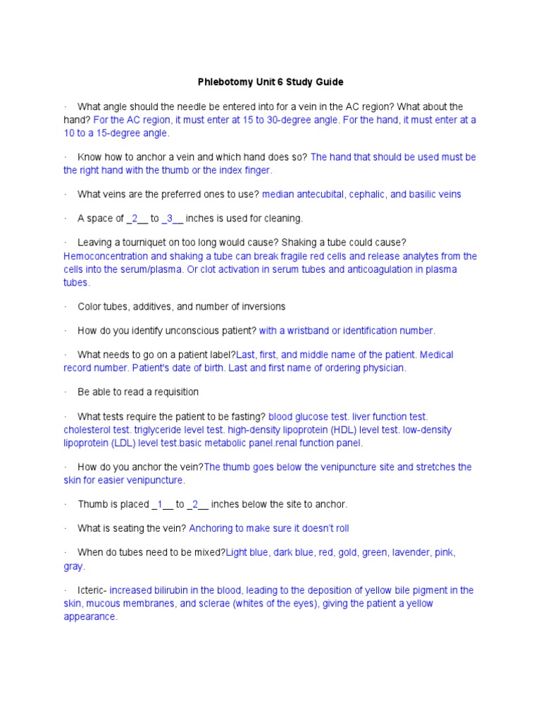 Phlebotomy Unit 6 Study Guide | PDF | Blood Plasma | High Density ...
