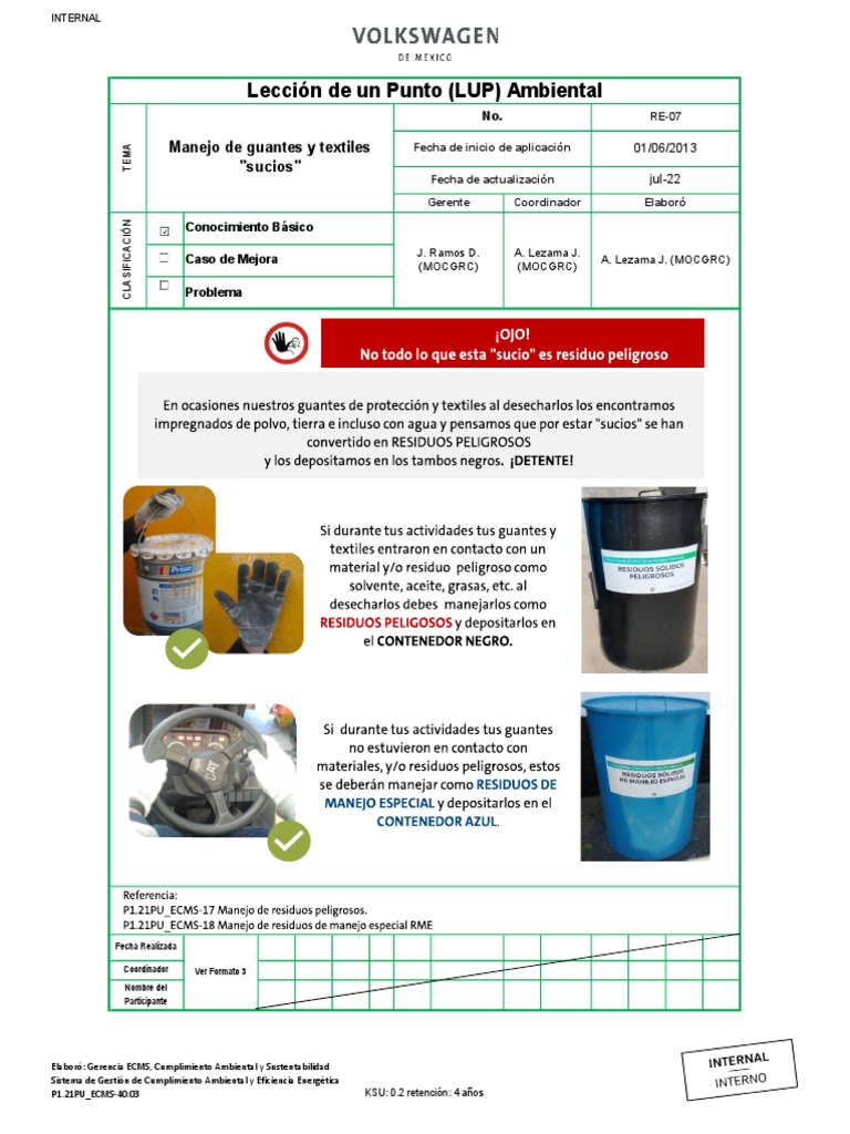 Lección de Un Punto (LUP) Ambiental: Manejo de Guantes y Textiles ...