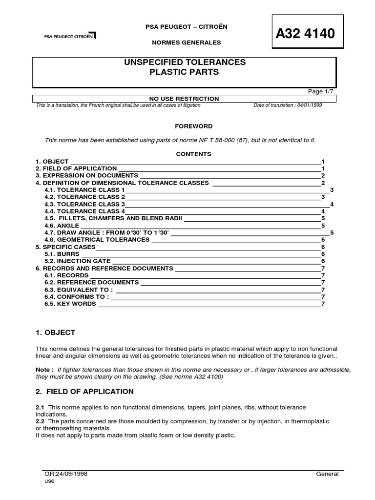 Unspecified Tolerances Plastic Parts: 1. Object | PDF | Engineering ...
