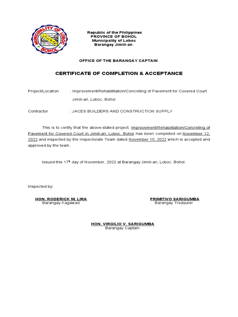 Certificate of Completion for the Covered Court Pavement Project in Barangay Jimili-an | PDF ...