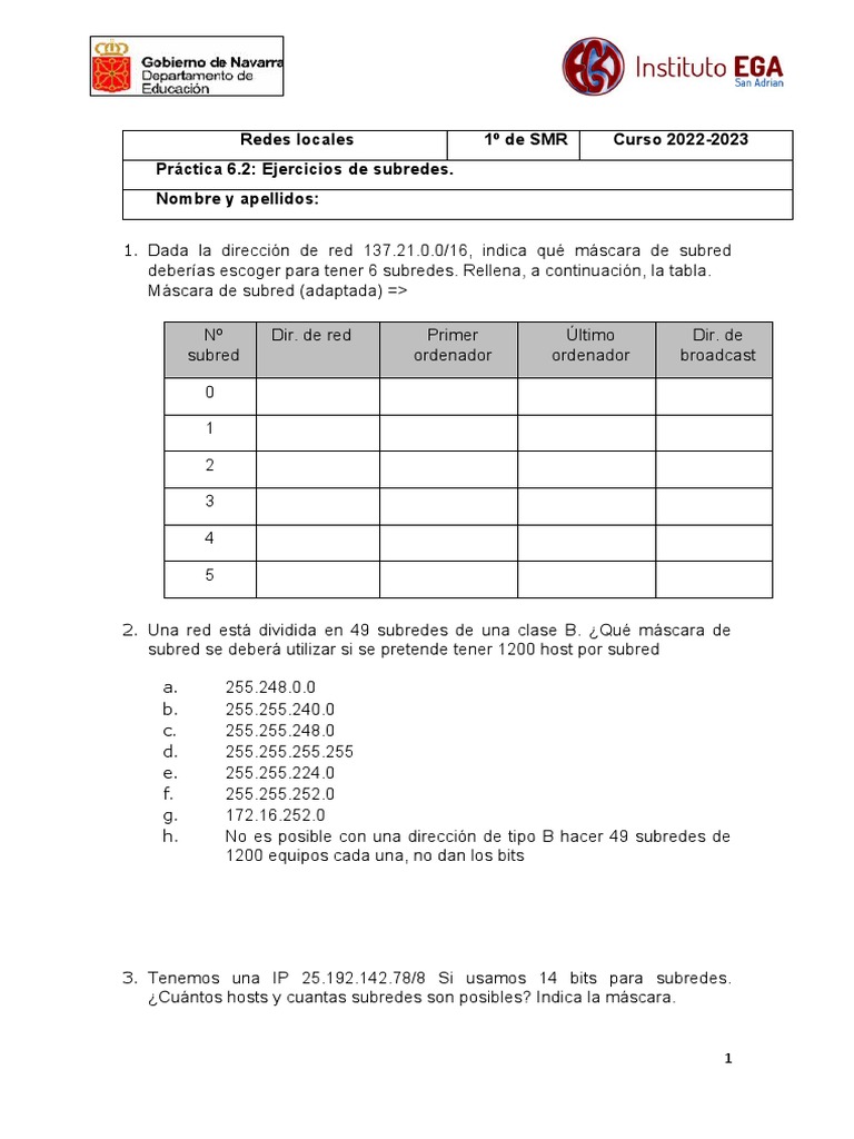 Practica 6.2 Ejercicios de Subredes | PDF | Dirección IP | Estándares de internet