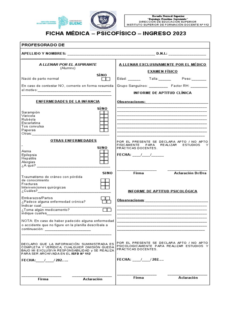 Ficha Apto Psico Fisico 2023 | PDF | Salud pública | Causas de la muerte