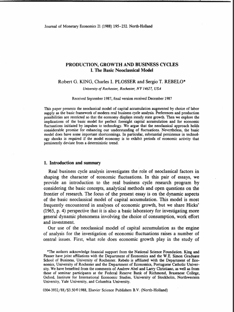 King R., Plosser C. Rebelo S. (1988) Production, Growth, and Business ...