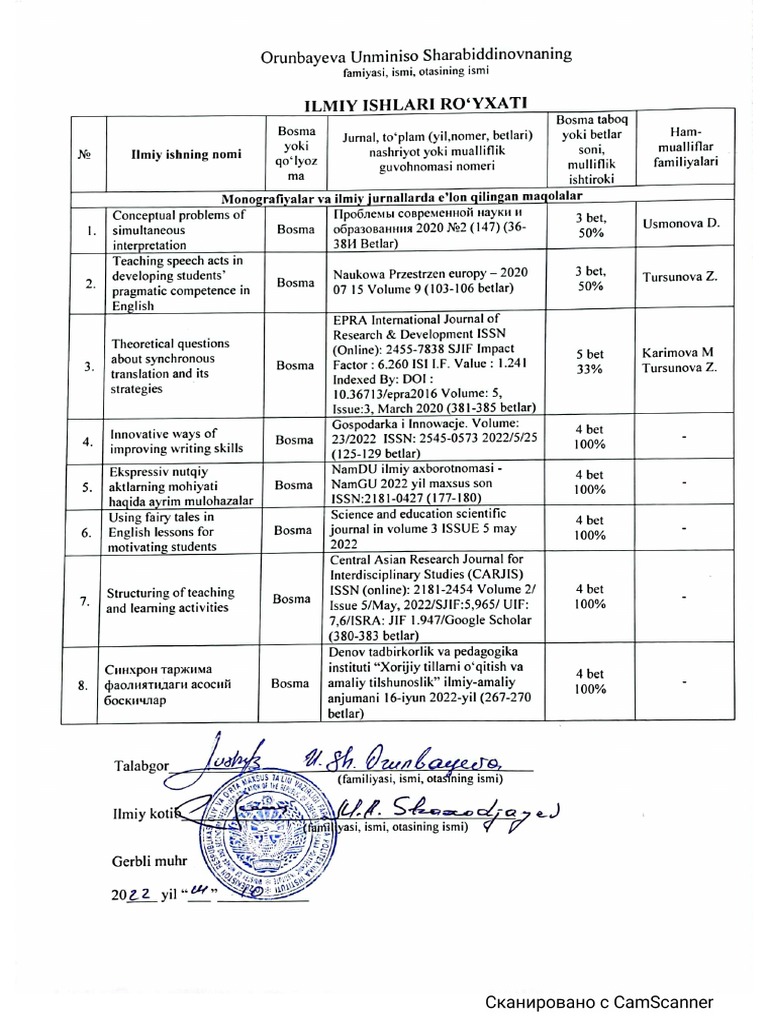 Ilmiy Ishlar Ro'yxati | PDF