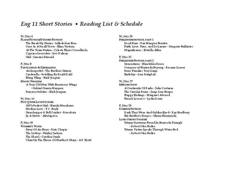 Grade 11 Short Stories Reading List | PDF