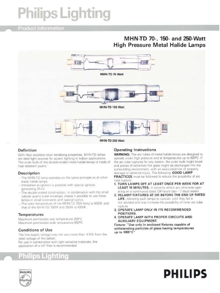 Philips MHN-TD High Pressure Metal Halide Lamps Bulletin 11-89 | PDF ...