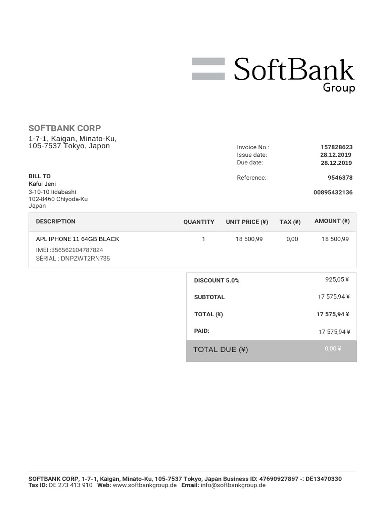 iPhone 11 Invoice from SoftBank Japan | PDF