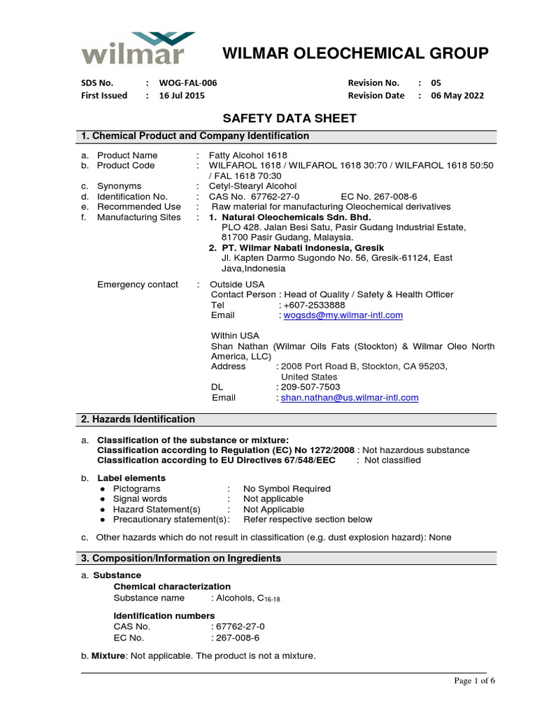 MSDS (SDS) WOG FAL 006 C1618 Rev05 | PDF | Toxicity | Dangerous Goods