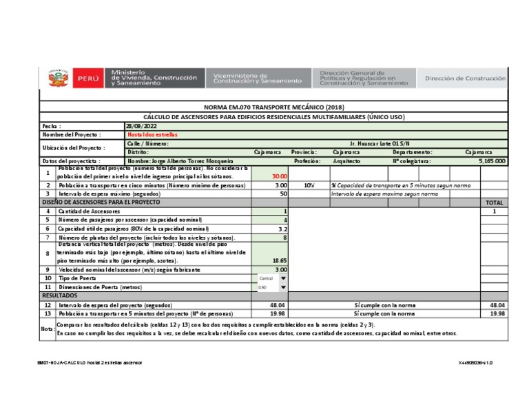 Hoja de Calculo de Ascensor Hostal 2 Estrellas | PDF | Ascensor | Transporte