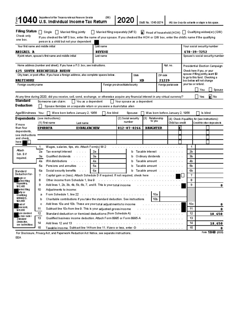 U.S. Individual Income Tax Return: Filing Status X | PDF | Tax Refund ...