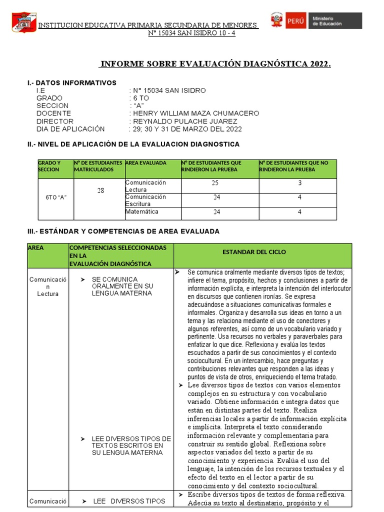 Informe Evaluacion Diagnostica | PDF | Números | Decimal