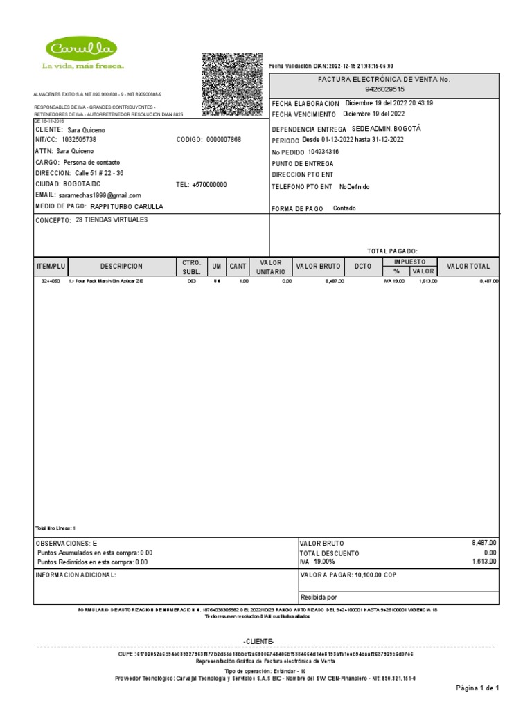 Factura Electrónica de Venta No.: ALMACENES EXITO S.A NIT 890.900.608 ...