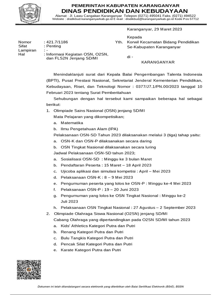Edaran Informasi Kegiatan OSN, O2SN, Dan FLS2N Jenjang SDMI | PDF