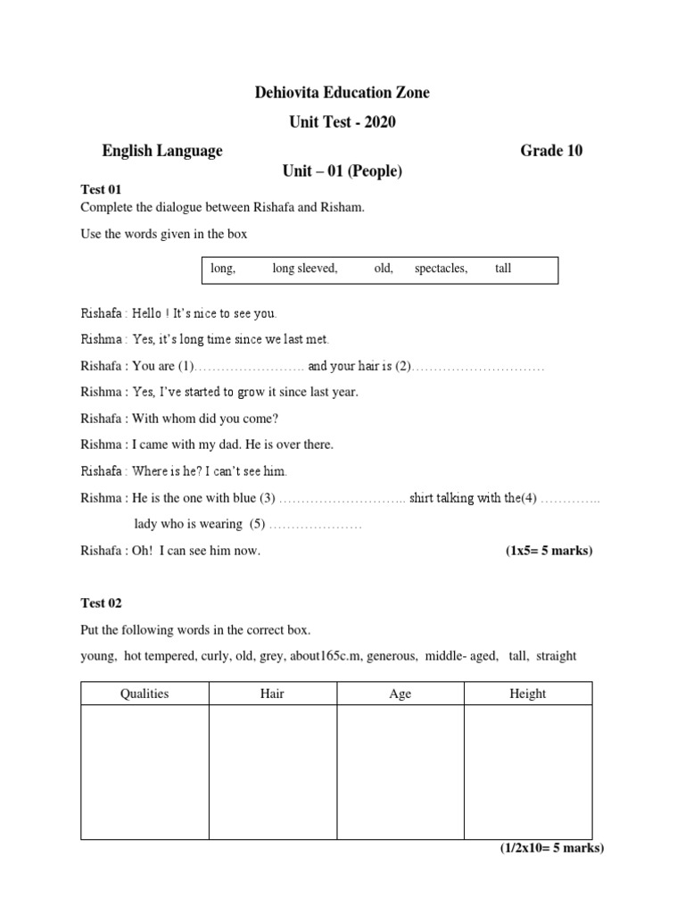 Grade 10 - Unit Test - Unit 1 | PDF