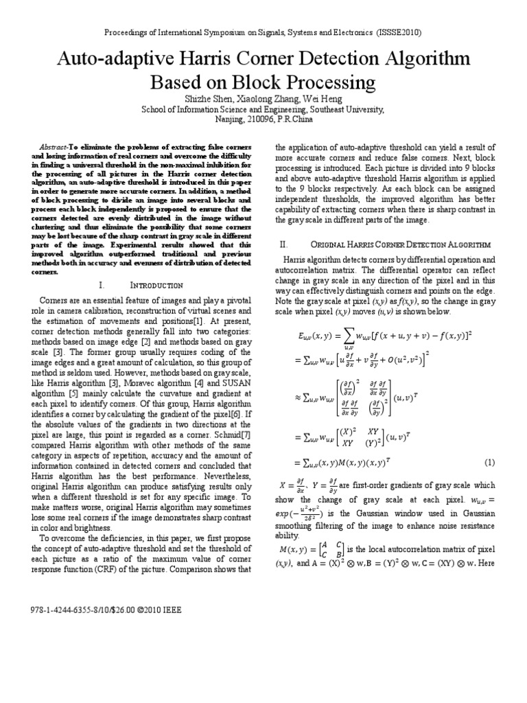 Auto Adaptive Harris Corner Detection Algorithm Based On Block Processing Pdf Algorithms